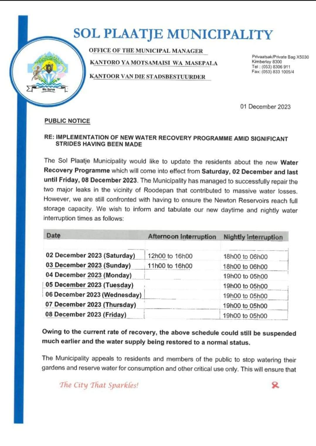 Public Notice – Sol Plaatje Municipality